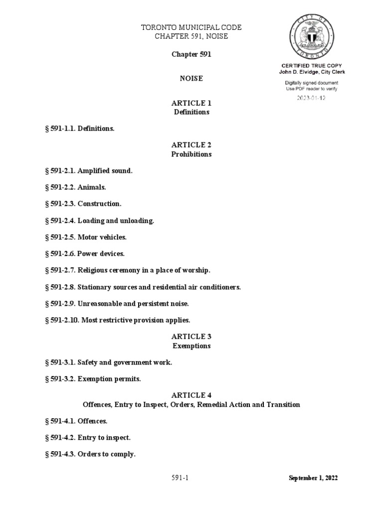 Toronto Municipal Code Chapter 591, Noise: September 1, 2022 | PDF ...