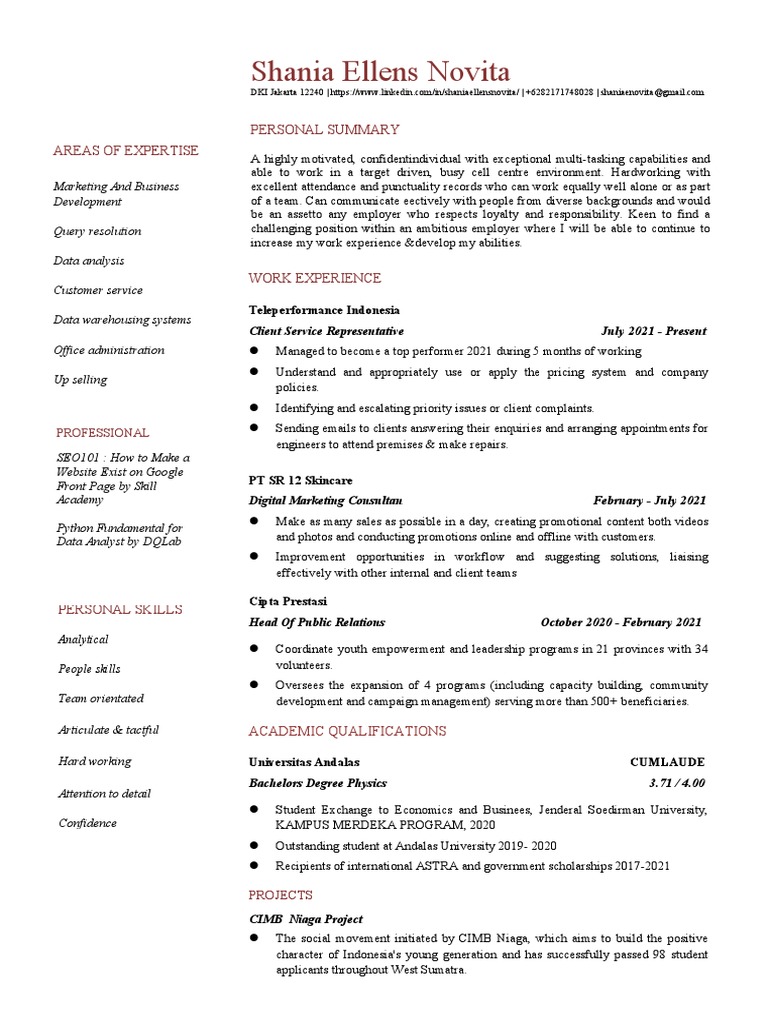 Resume Shania Ellens Novita | PDF | Communication | Business Economics