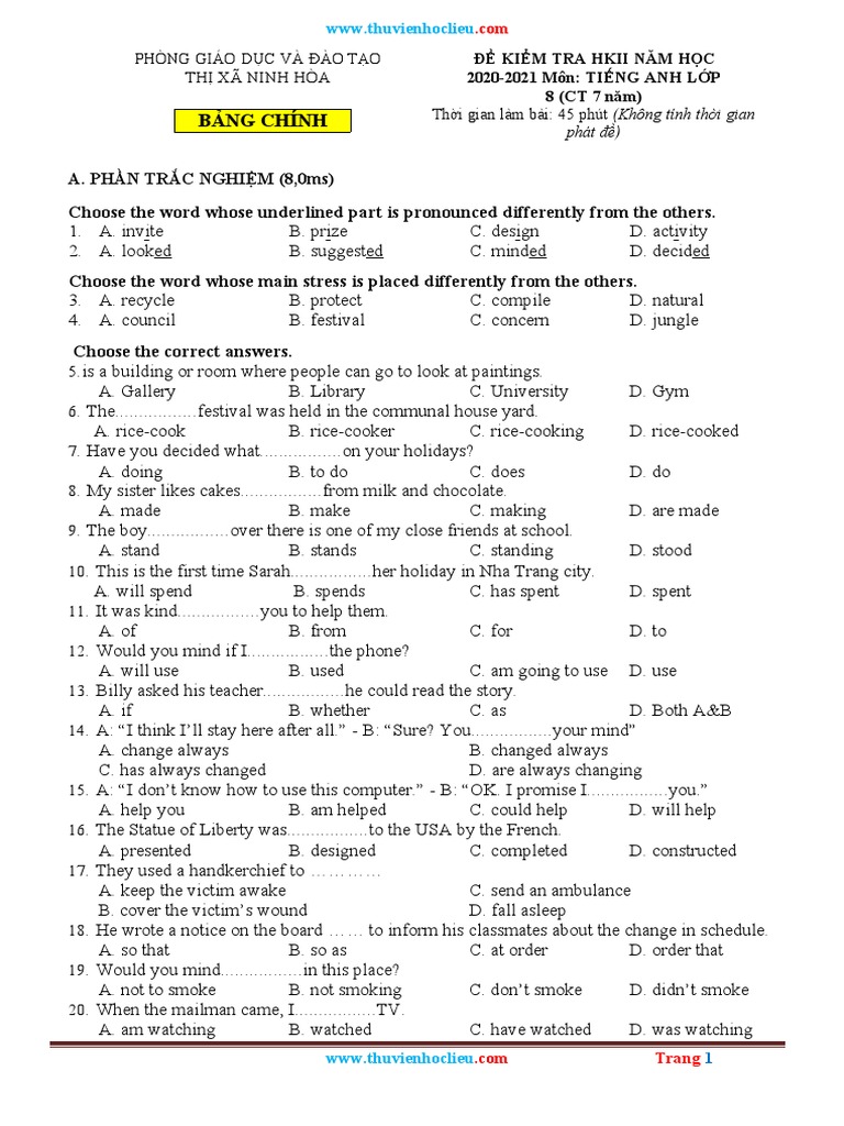 De Thi Hk2 Tieng Anh 8 PGD Ninh Hoa 2020 2021 | PDF | Christmas