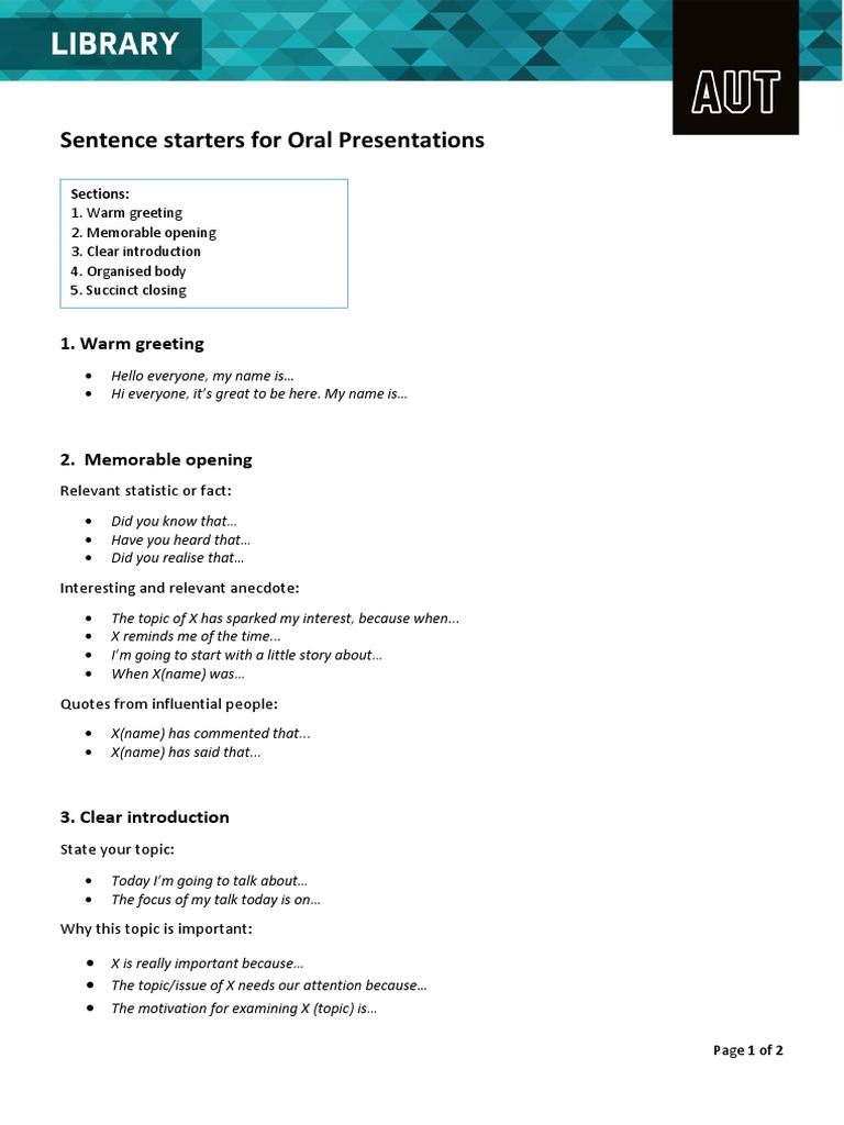 Sentence Starters For Oral Presentations2 | PDF | Career & Growth