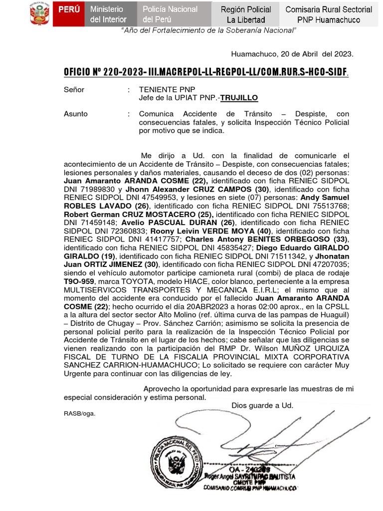 Oficio Upiat Por Acc. Fatal - Alto Molino - Chugay | PDF