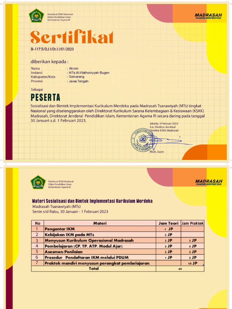 SERTIFIKAT BIMTEK IKM MTS - Akrom | PDF