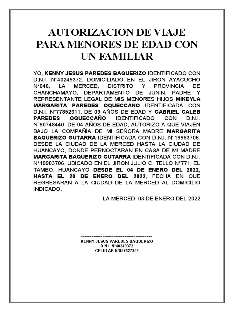 Autorizacion de Viaje para Menor de Edad Con Un Familiar | PDF Autorizacion de Viaje para Menor de Edad Con Un Familiar | PDF