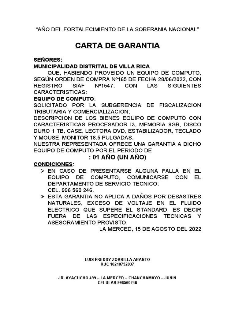 Carta de Garantia | PDF | Finanzas y dinero