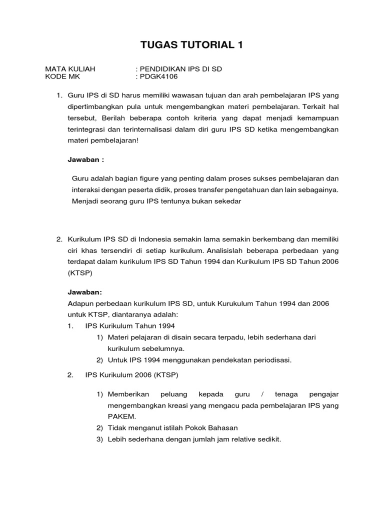 Tugas Tutorial 1 Pendidikan Ips Di Sd (2022) | PDF