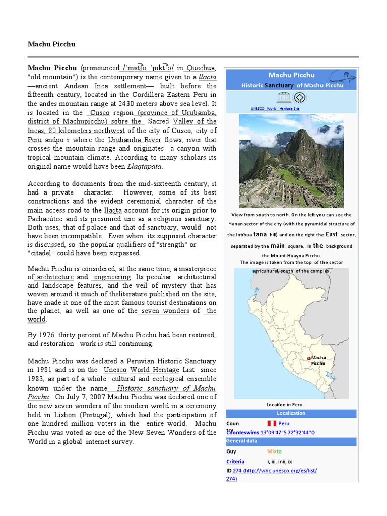 Machu Picchu: A UNESCO Heritage Site | PDF | Machu Picchu