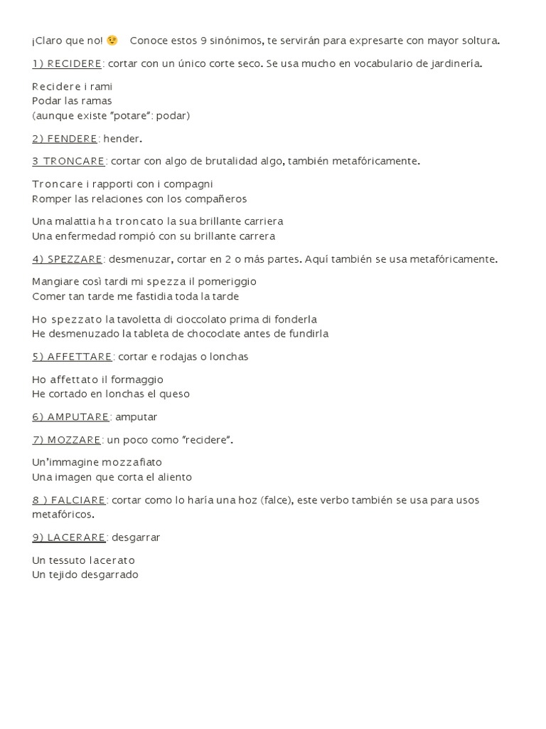 9 Sinónimos de "Tagliare" ¿Te Los Vas A Perder - en Italiano | PDF