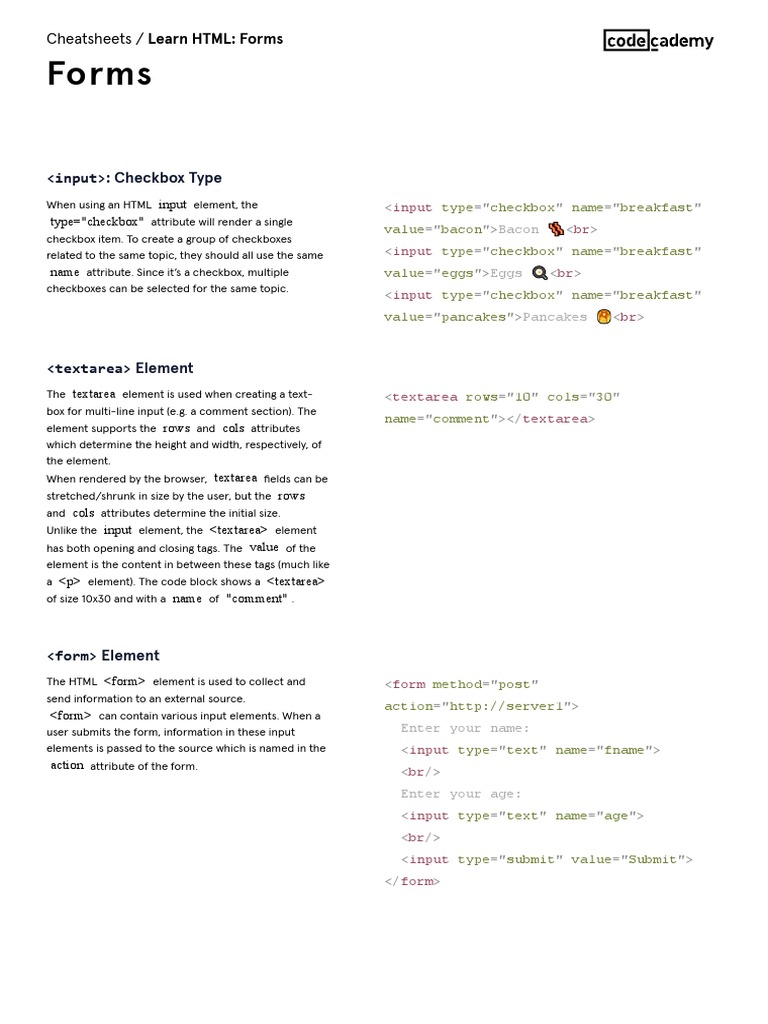 Learn Html Forms Forms Cheatsheet Codecademy Pdf Html Html Element