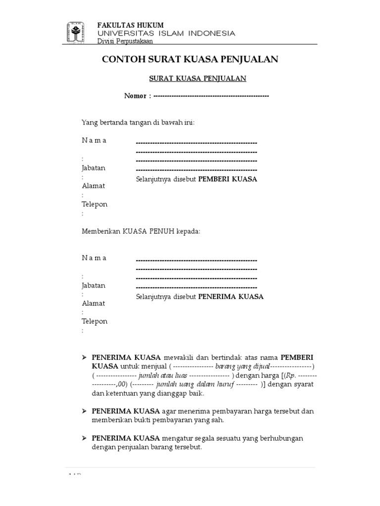 Contoh Surat Kuasa Penjualan FH UII | PDF