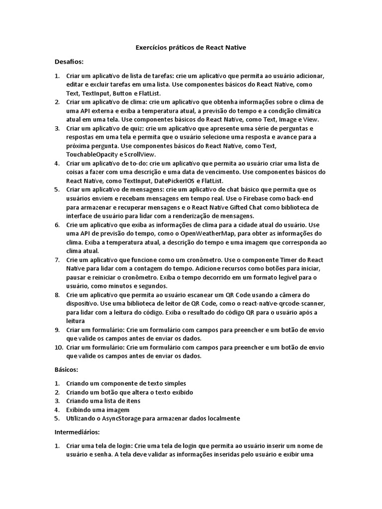 Exercícios Práticos em React Native | PDF | Realidade aumentada | Código QR