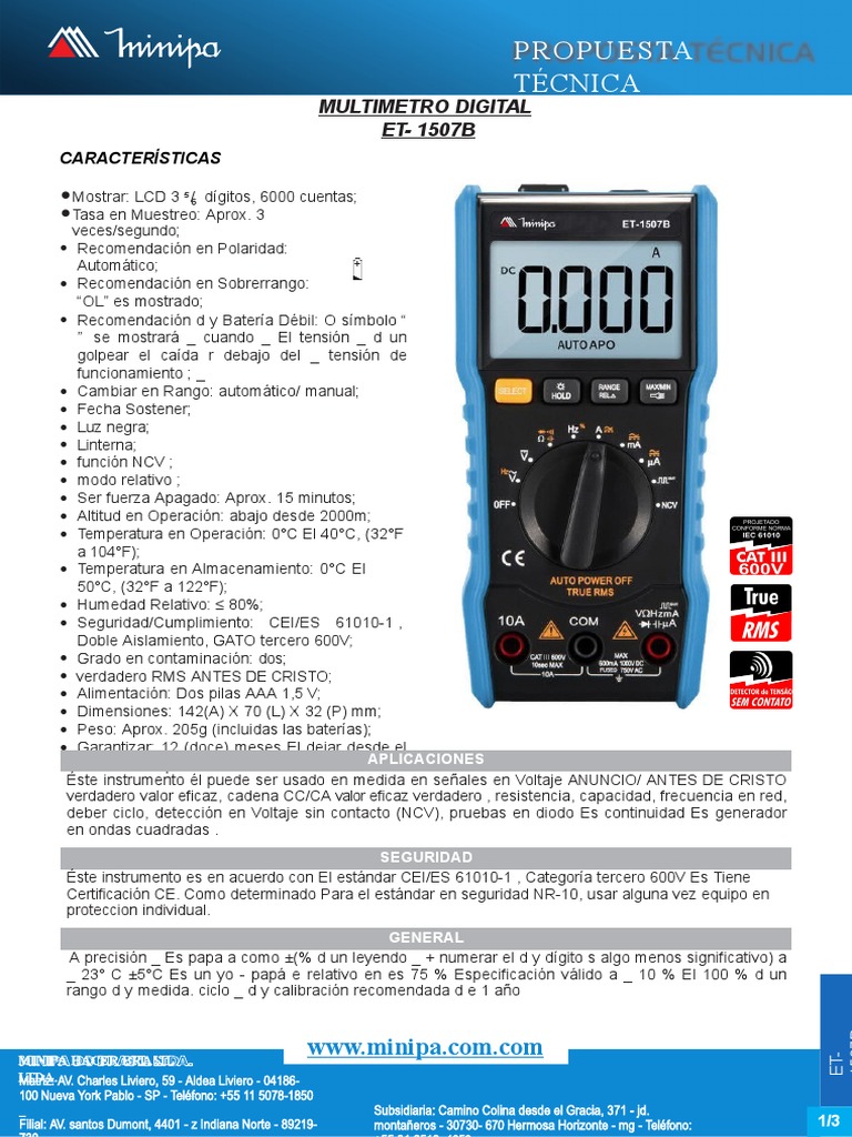 Propuesta Técnica: Multimetro Digital ET-1507B | PDF | Metrología ...