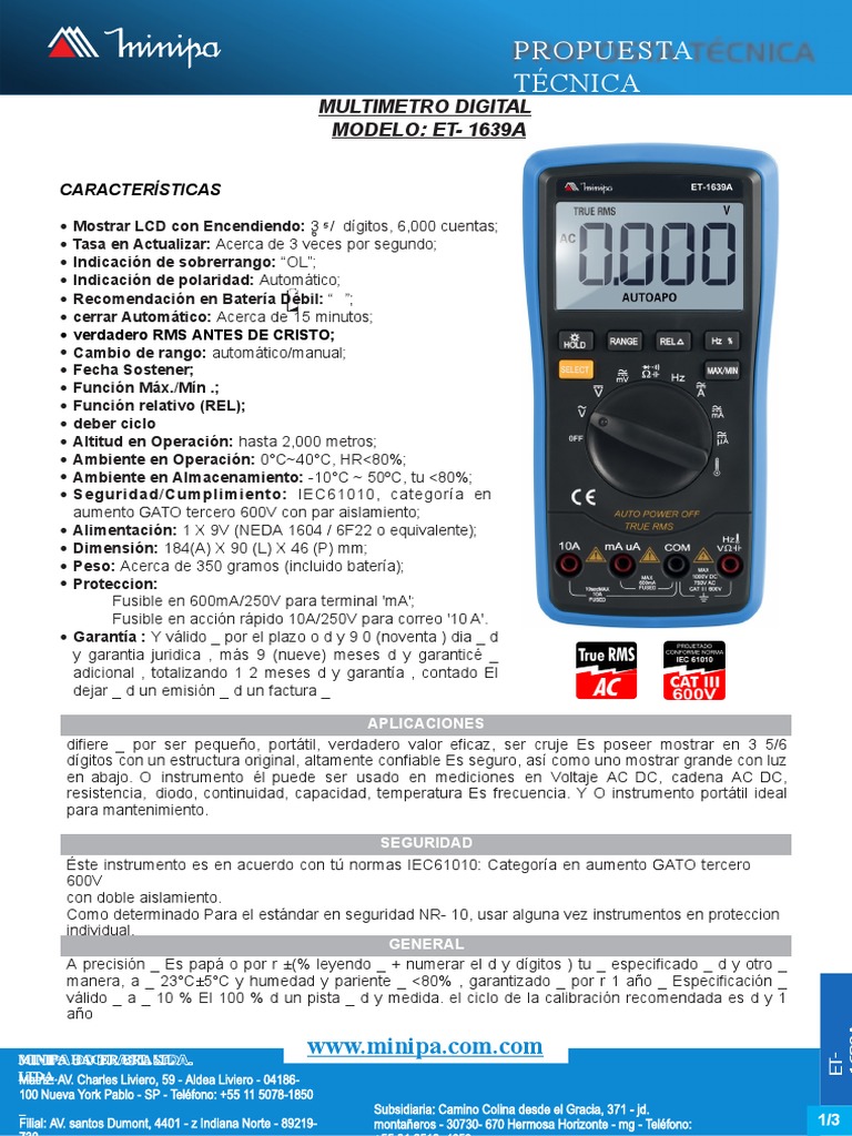 Propuesta Técnica: Multimetro Digital MODELO: ET-1639A | PDF ...