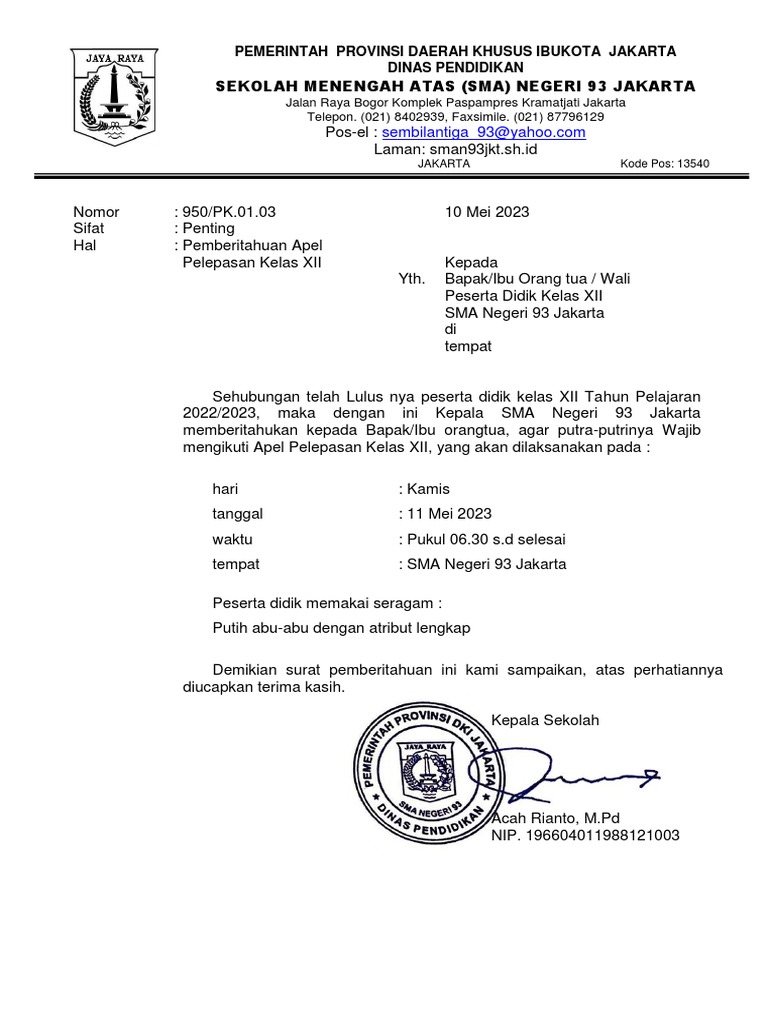 Pemberitahuan Pelepasan Kelas Xii | PDF