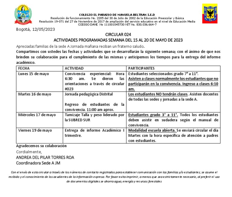 Circular 024 Actividades A Desarrollar Semana Del 15 Al 20 de Mayo | PDF