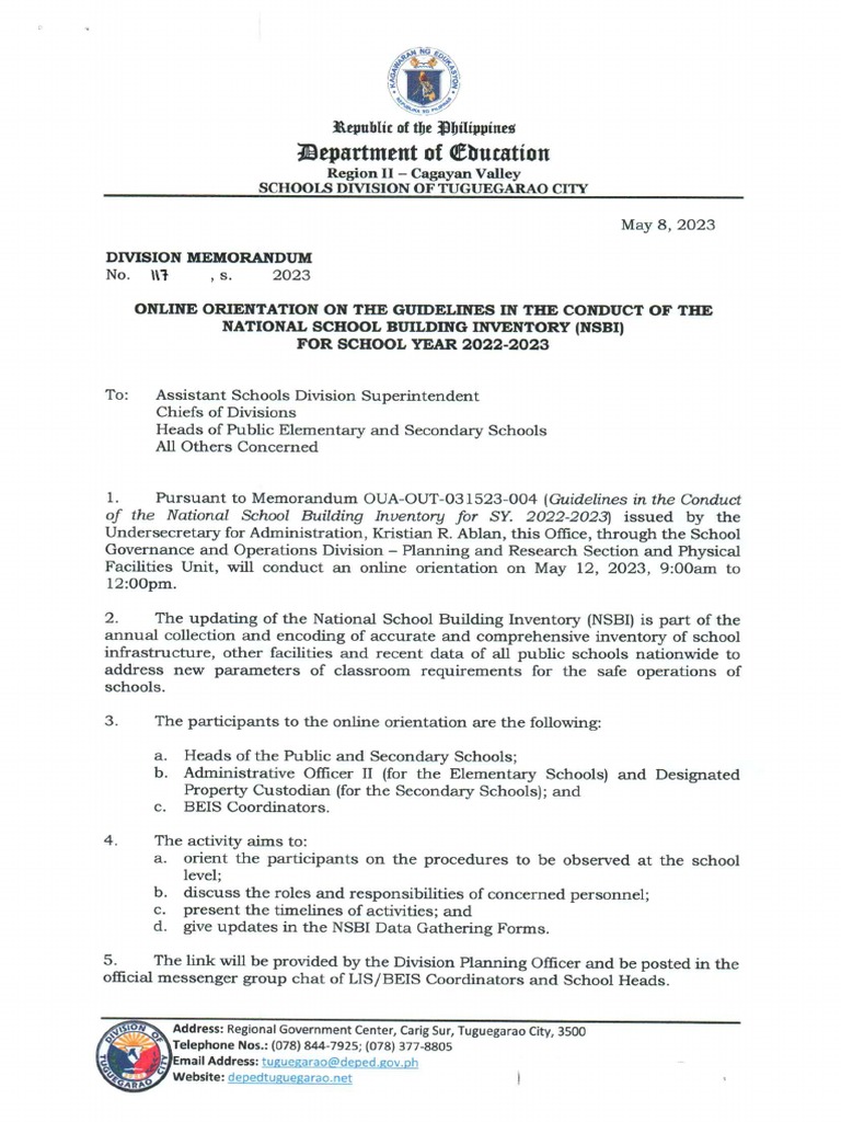 Div Memo No.117 S.2023 Online Orientation On The Guidelines in The ...