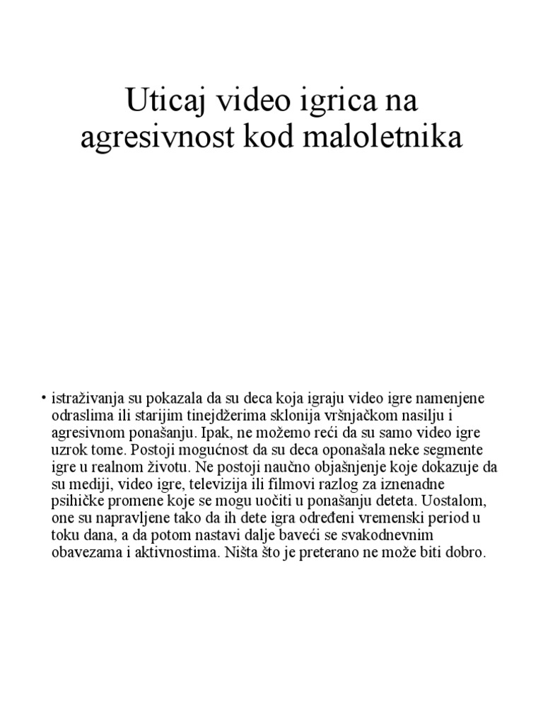 Uticaj Video Igrica Na Agresivnost Kod Maloletnika | PDF