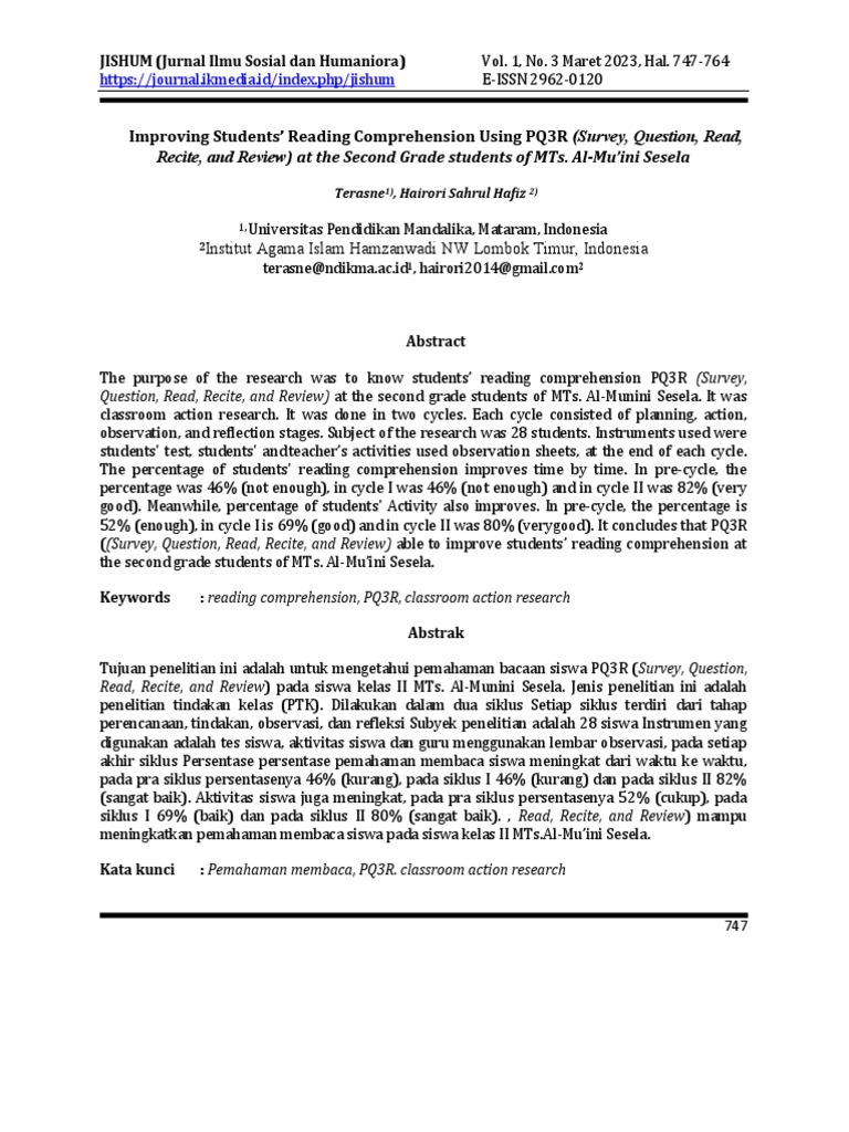 Improving Students' Reading Comprehension Using PQ3R (Survey, Question, Read | PDF | Language ...