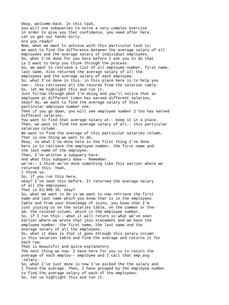 Subquery Exercises - Part Two - Transcript | PDF | Salary