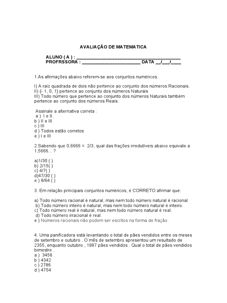 Prova de Matematica 9 Ano | PDF