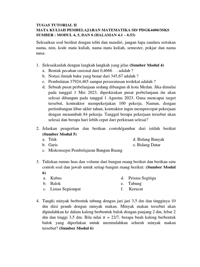 Soal TT2 PDGK4406 Pembelajaran Matematika SD Periode 2023-2 | PDF