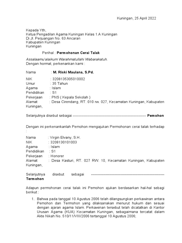 Contoh Surat Gugat Cerai Talak | PDF