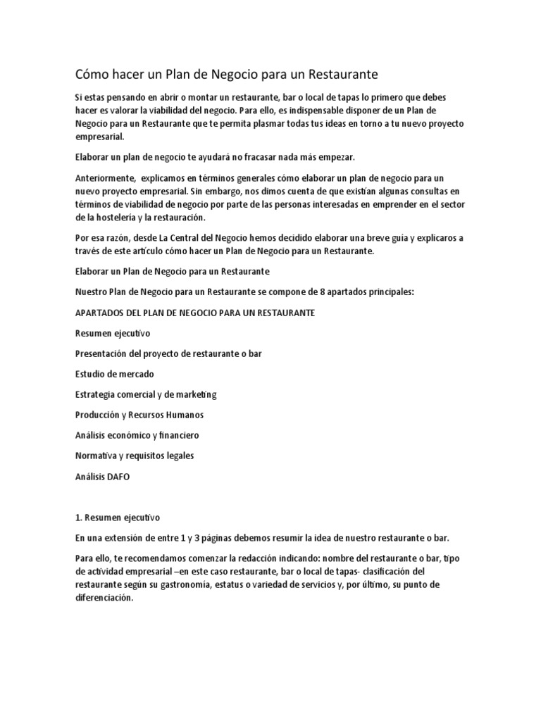 Cómo Hacer Un Plan de Negocio para Un Restaurante | PDF | Plan de negocios | Marketing