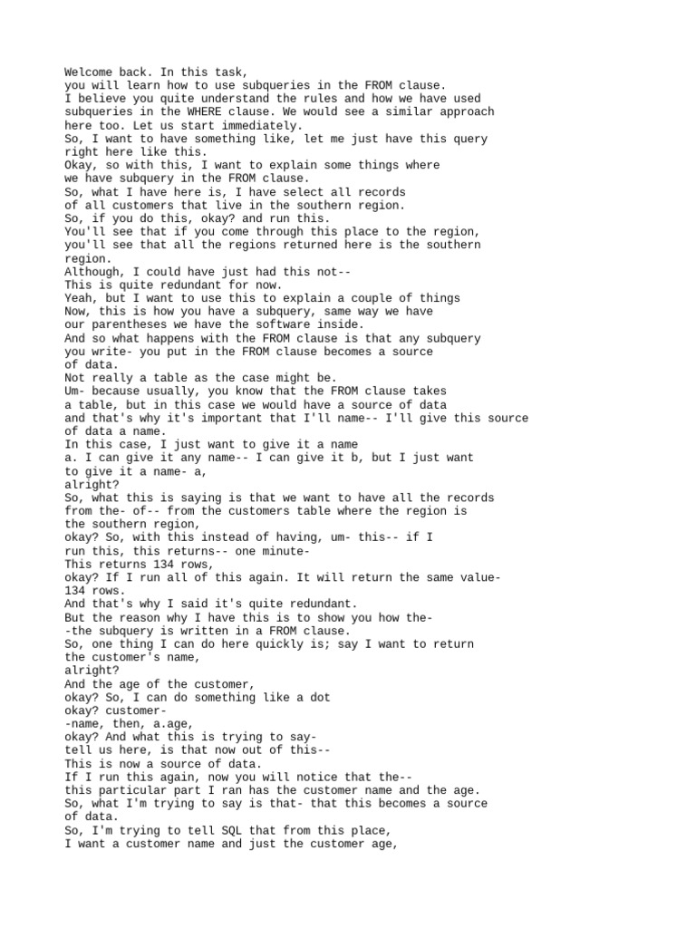 Subquery in The FROM Clause - Transcript | Download Free PDF | Computing | Data Management Software