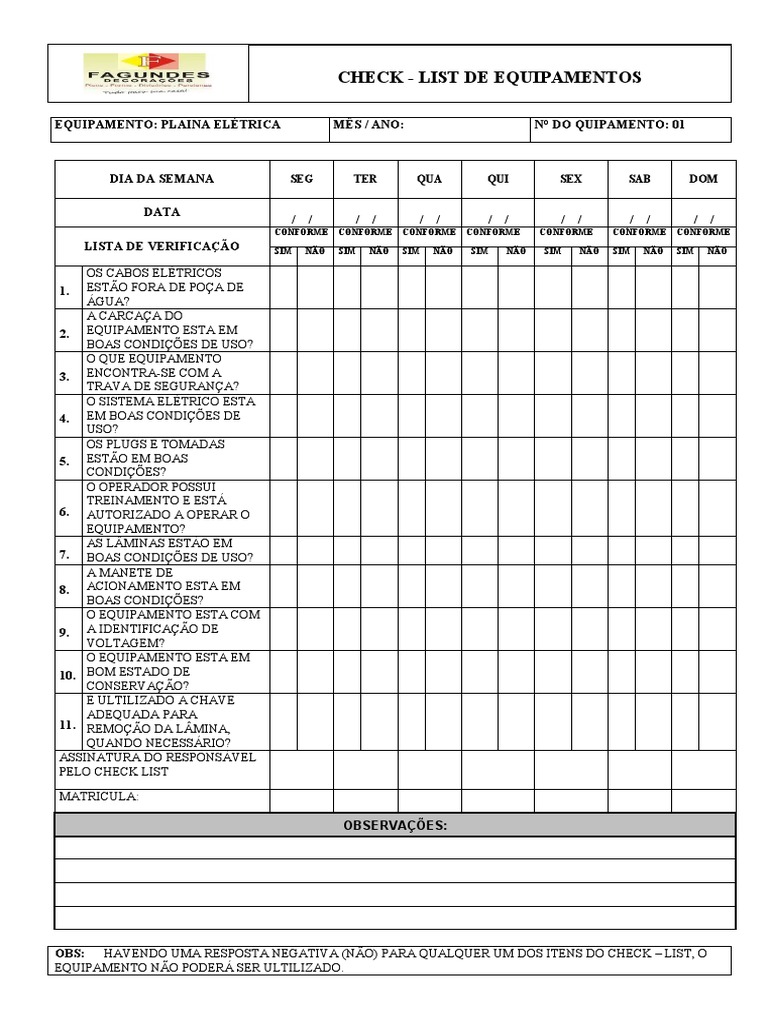 Check List Plaina Elétrica | PDF