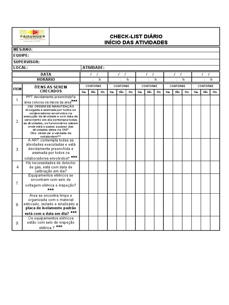 Check-list diário de segurança para atividades de manutenção | PDF