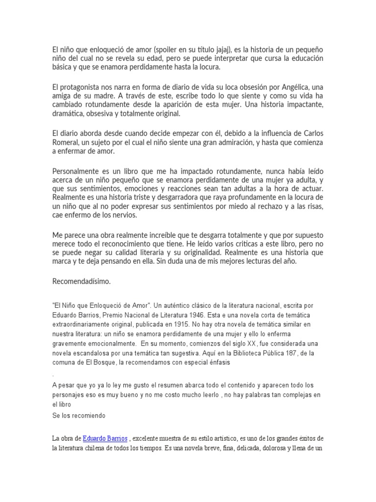 El niño que enloqueció de amor: análisis | PDF | Novelas | Amor