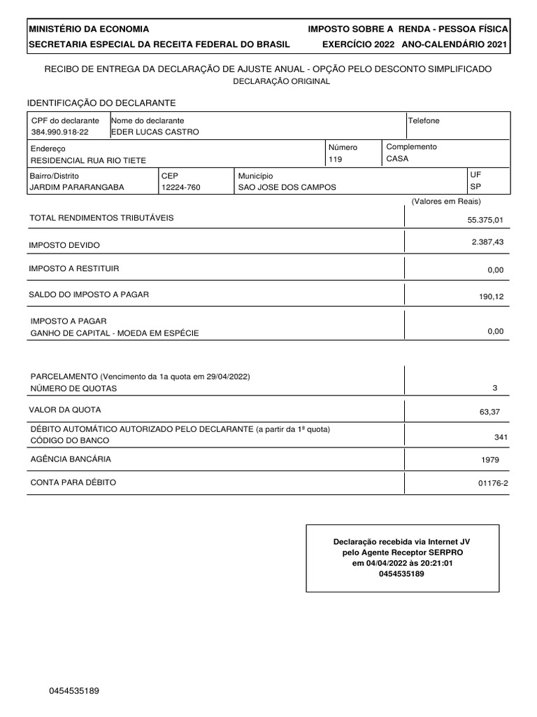 Irpf A 2022 2021 Origi Recibo | PDF