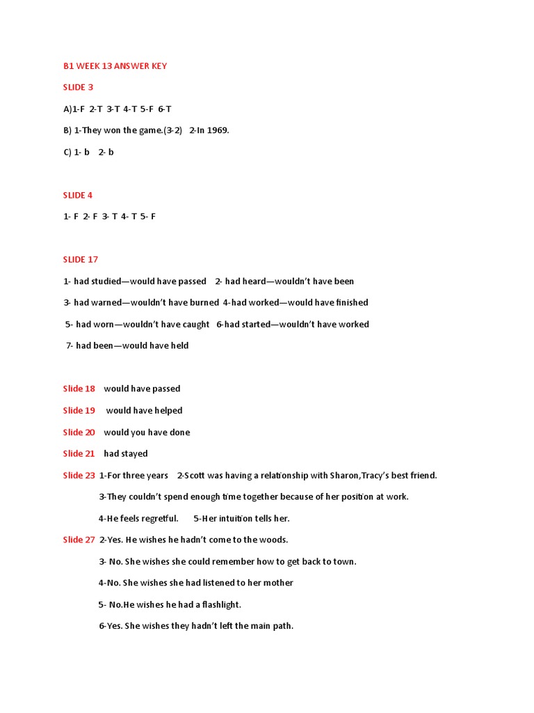 b1 Week 13 Answer Key Fall Term | PDF