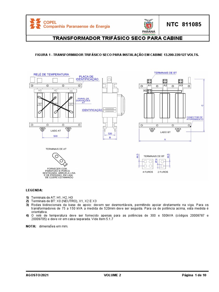 NTC 811085 - Transformador Trifásico Seco para Cabine | PDF | Transformador | Parafuso
