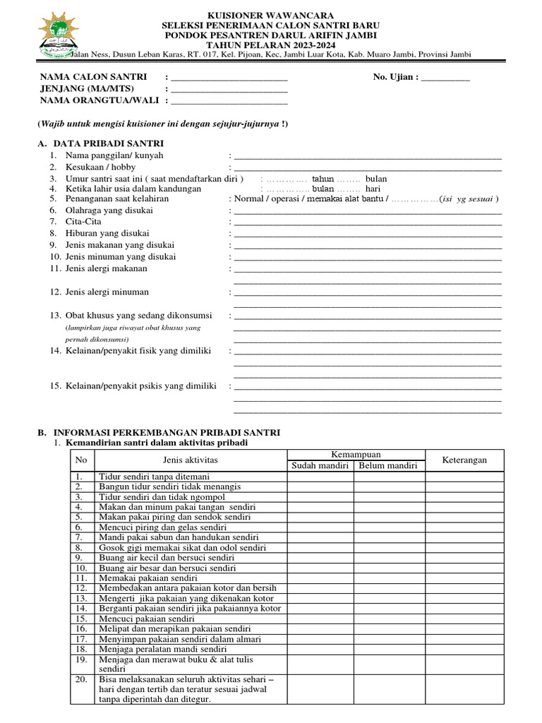 Kuisioner Wawancara PCSB DAJ 2023-2024 | PDF