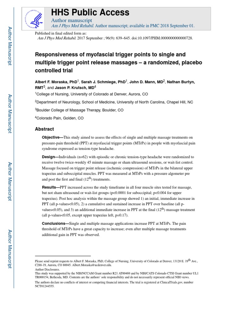 Moraska. Responsiveness of Myofascial Trigger Points To Single and Multiple Trigger Point ...