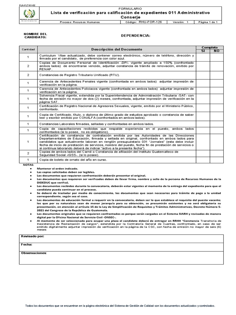 Rhu-For-126 Lista Verificación Expediente Conserje-2023 | PDF ...