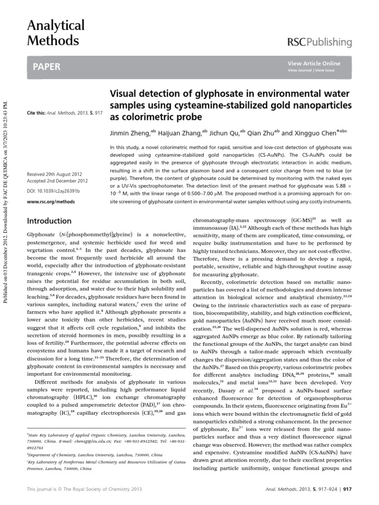 J. Zheng, Visual Detection of Glyphosate in Environmental Water Samples Using Cysteamine ...