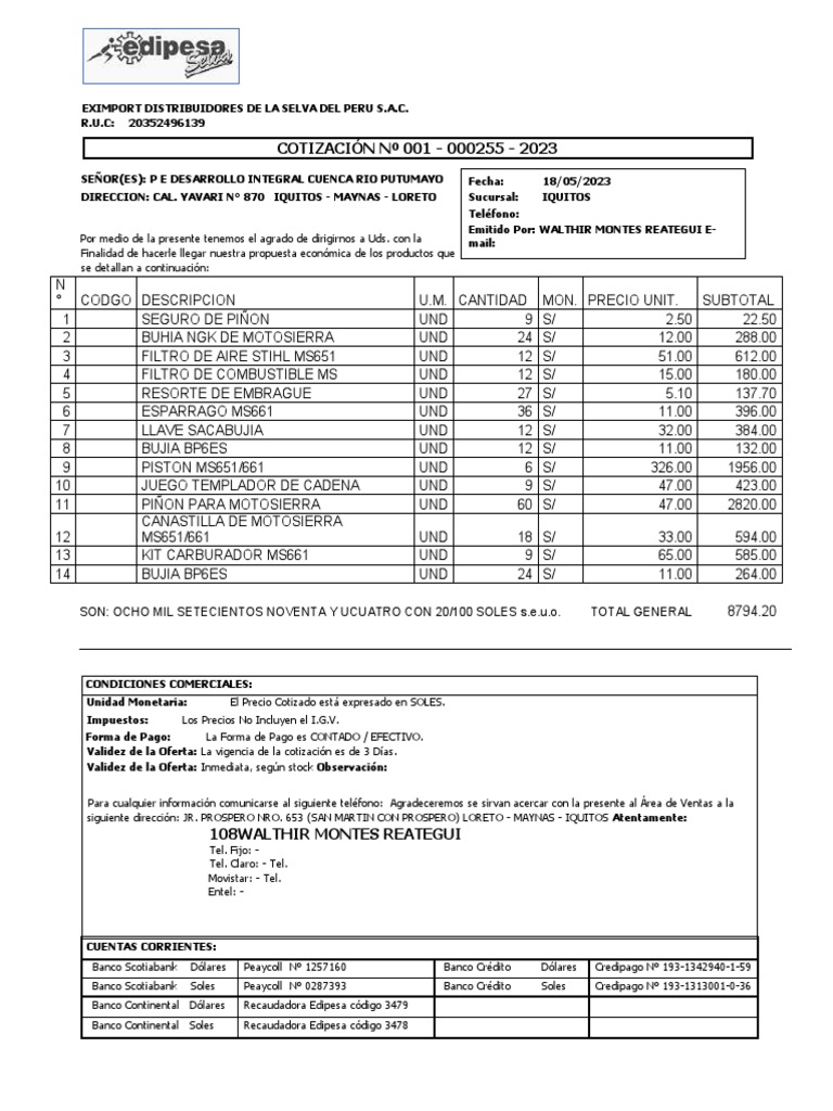 Cotizacion de Repuestos | PDF | Bancario | Dinero