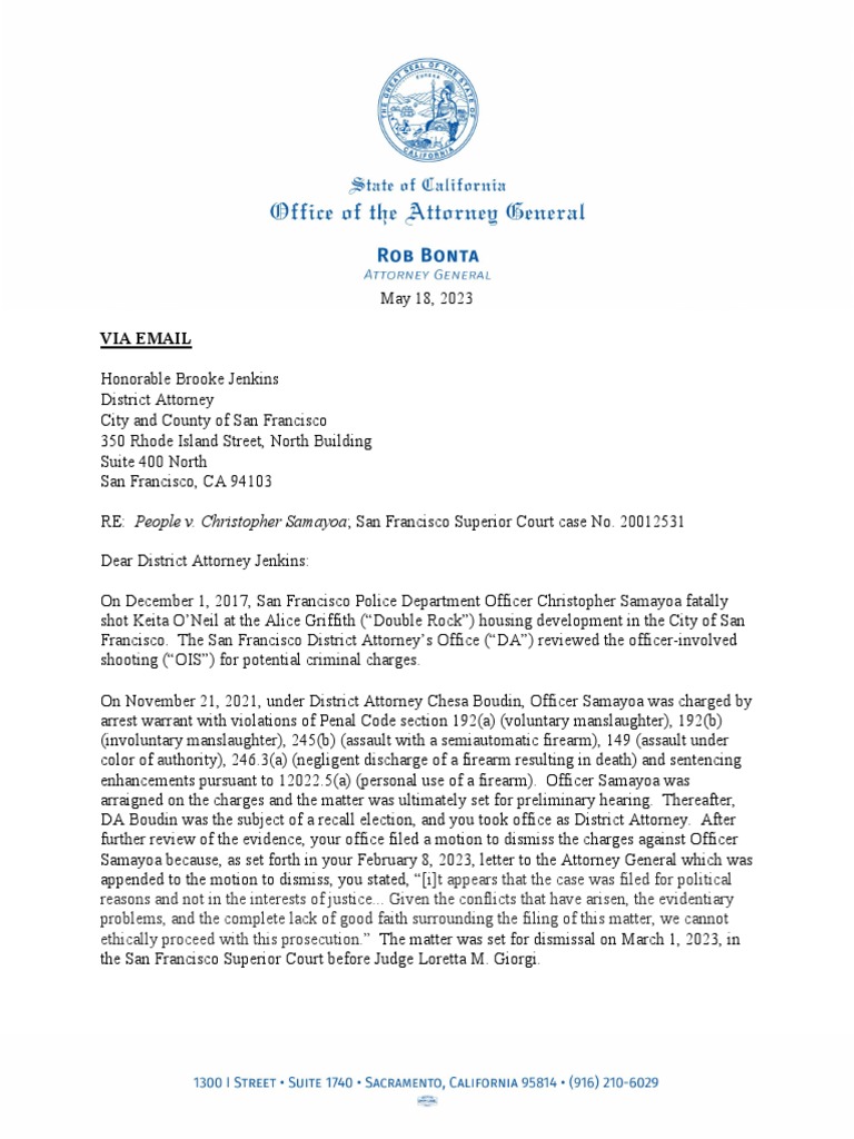 CA DOJ Letter To SFDA People v. Christopher Samayoa | Download Free PDF ...