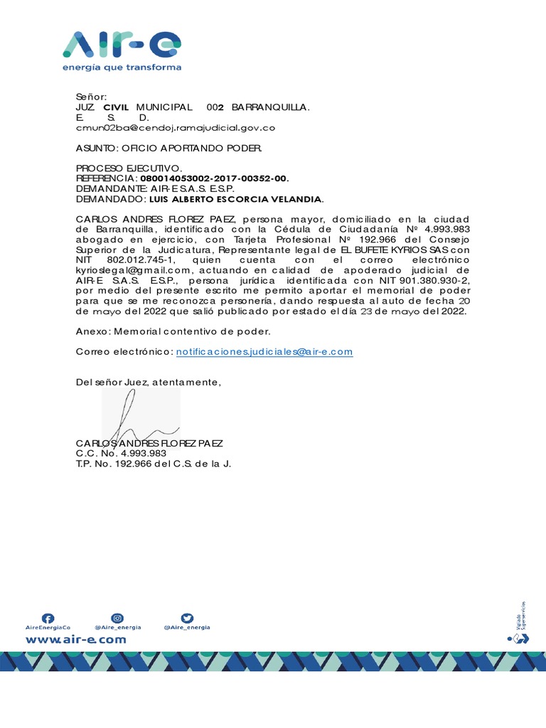 Oficio Aportando Poder Luis Alberto Escorcia Velandia | PDF