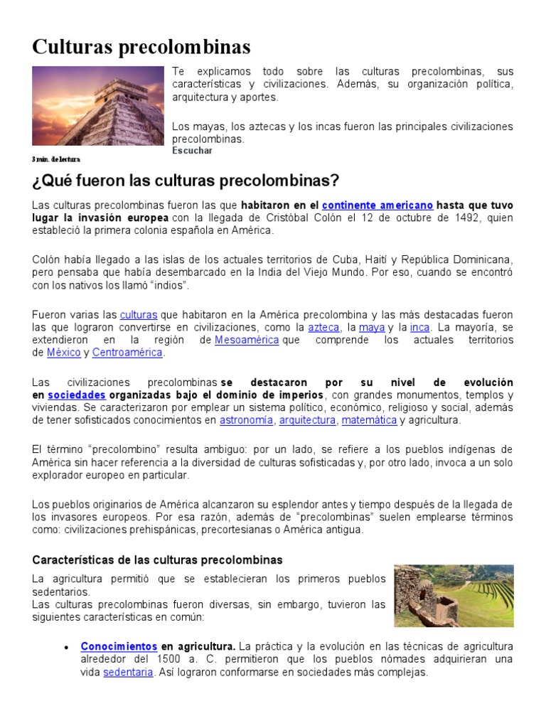 Culturas Precolombinas: Características y Aportes | PDF | Era ...