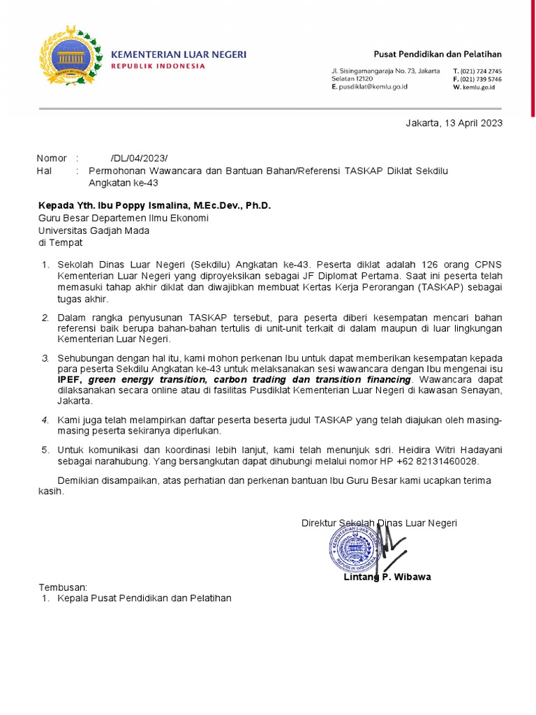 Konsep Surat Permohonan Wawancara Dan Bantuan Referensi TASKAP Sekdilu ...