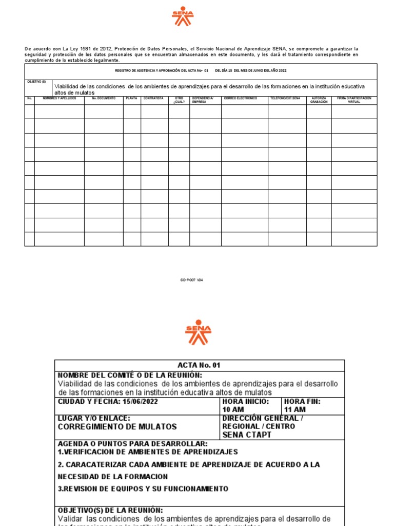 GD-F-007 Formato de Acta y Registro de Asistencia | PDF