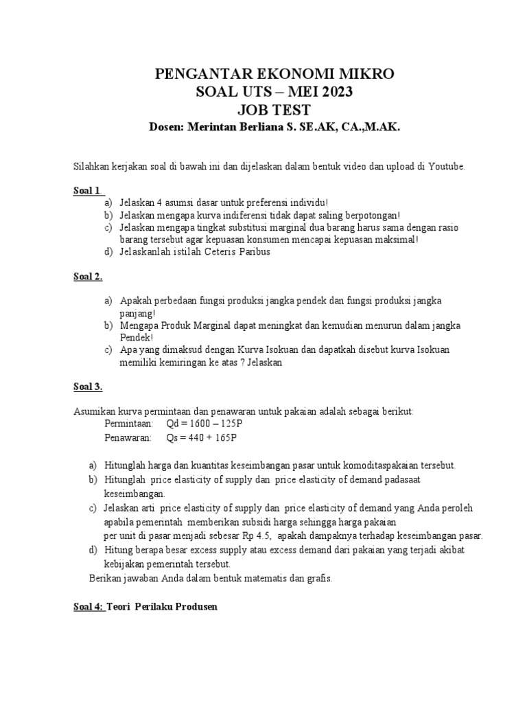 Soal UTS Ekonomi Mikro Mei 2023 | PDF | Teknologi & Rekayasa