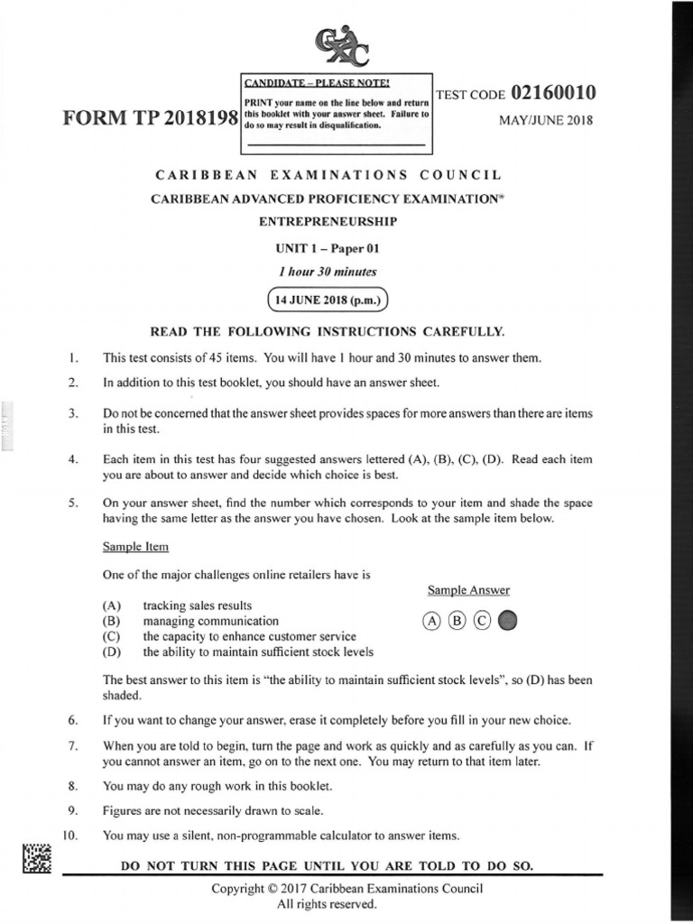 CAPE Entrepreneurship 2018 U1 P1 | PDF