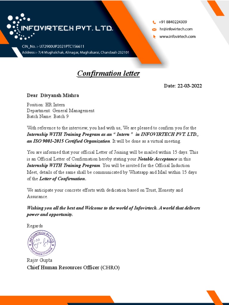 Confirmation Letter Divyansh Mishra | PDF