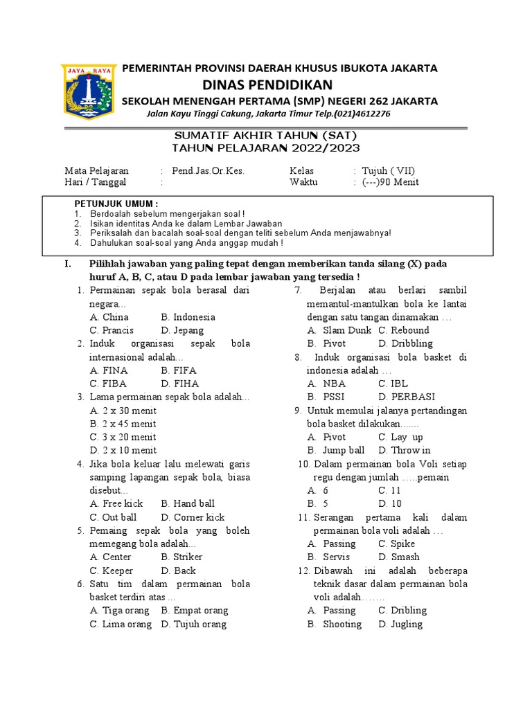 Sat Pjok Semester 2 2022-2023 Soal | PDF