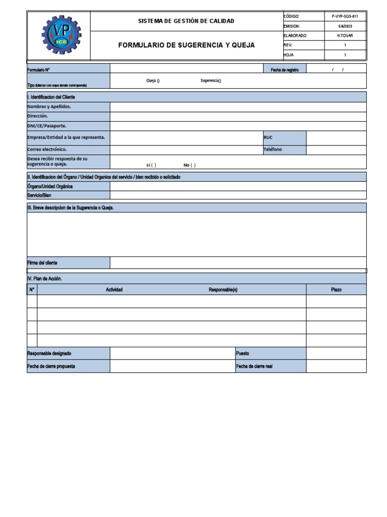 F-VYP-SGS-011 Formulario de Sugerencia y Queja | PDF