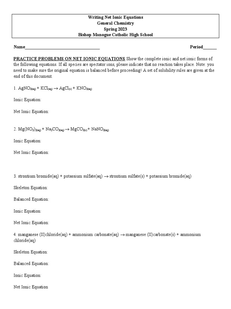 Net Ionic Equations Practice | PDF
