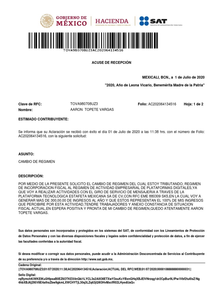 Acuse de Recepcion Sat | PDF | ciberespacio | Tecnologías de la información